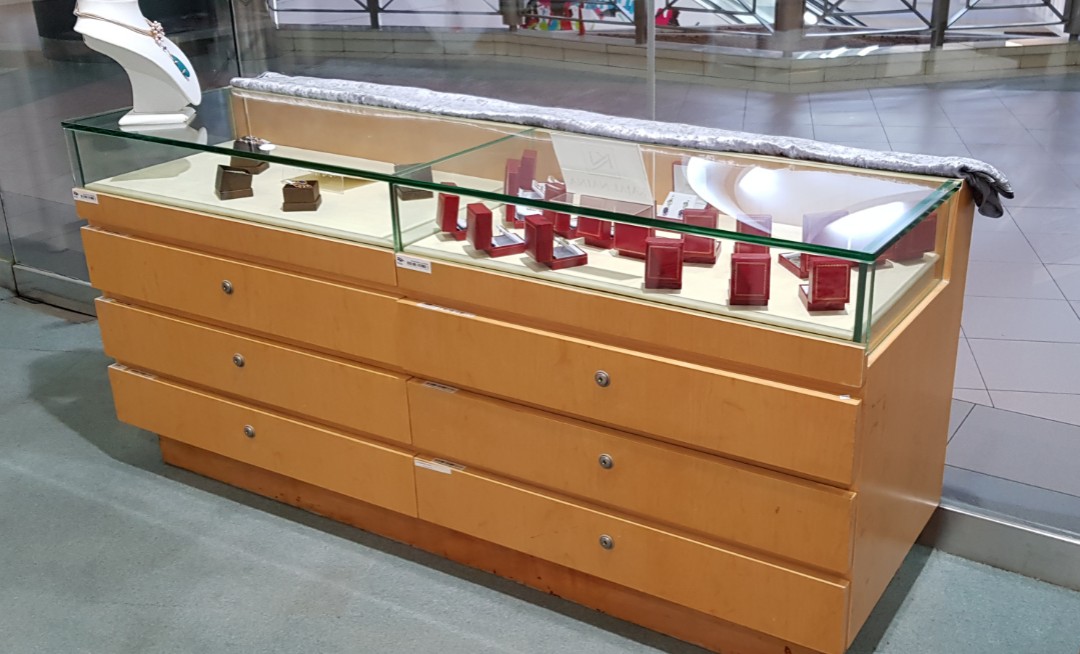 Custom made set of 5 fine matching display showcases with drawers ...