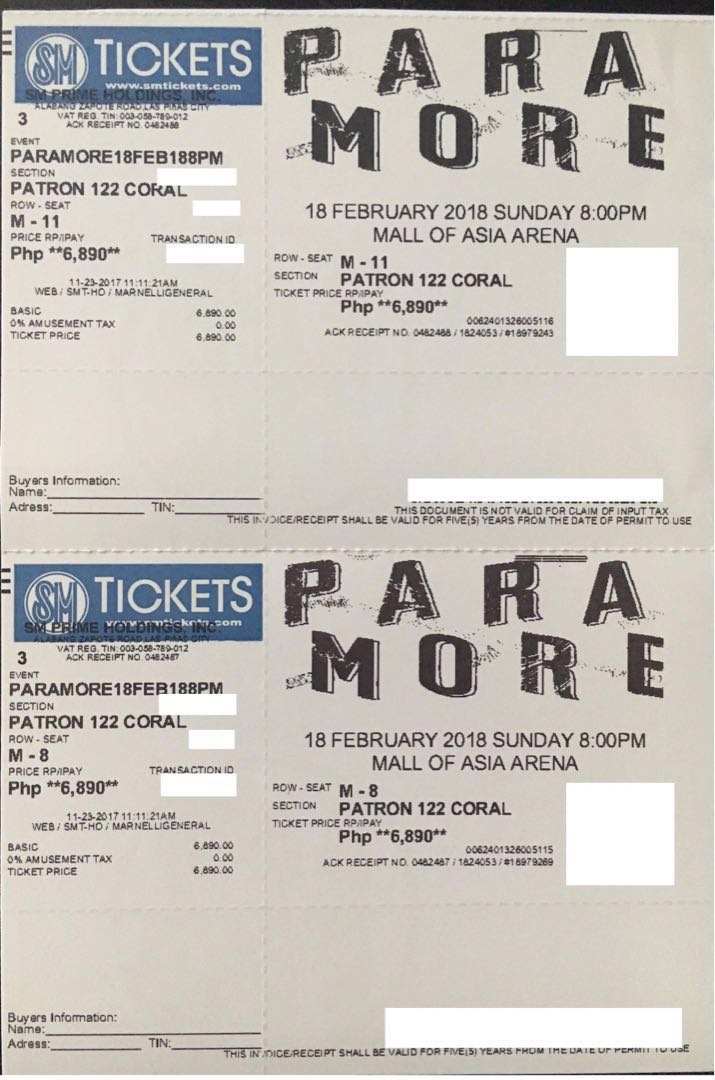 (2) PARAMORE MANILA PATRON 122 TICKETS, Tickets & Vouchers, Event Tickets on Carousell