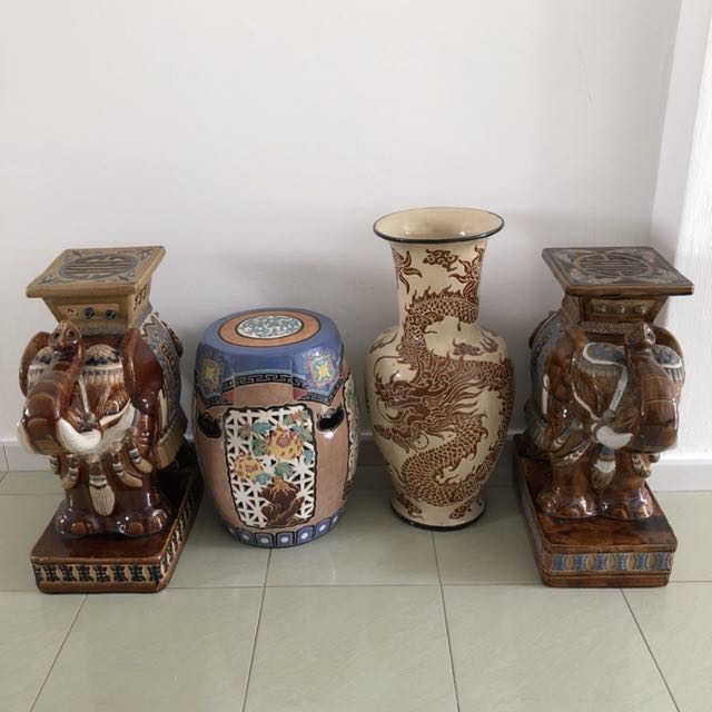 Antique Thai elephant and Chinese stool/vase, Furniture & Home Living ...