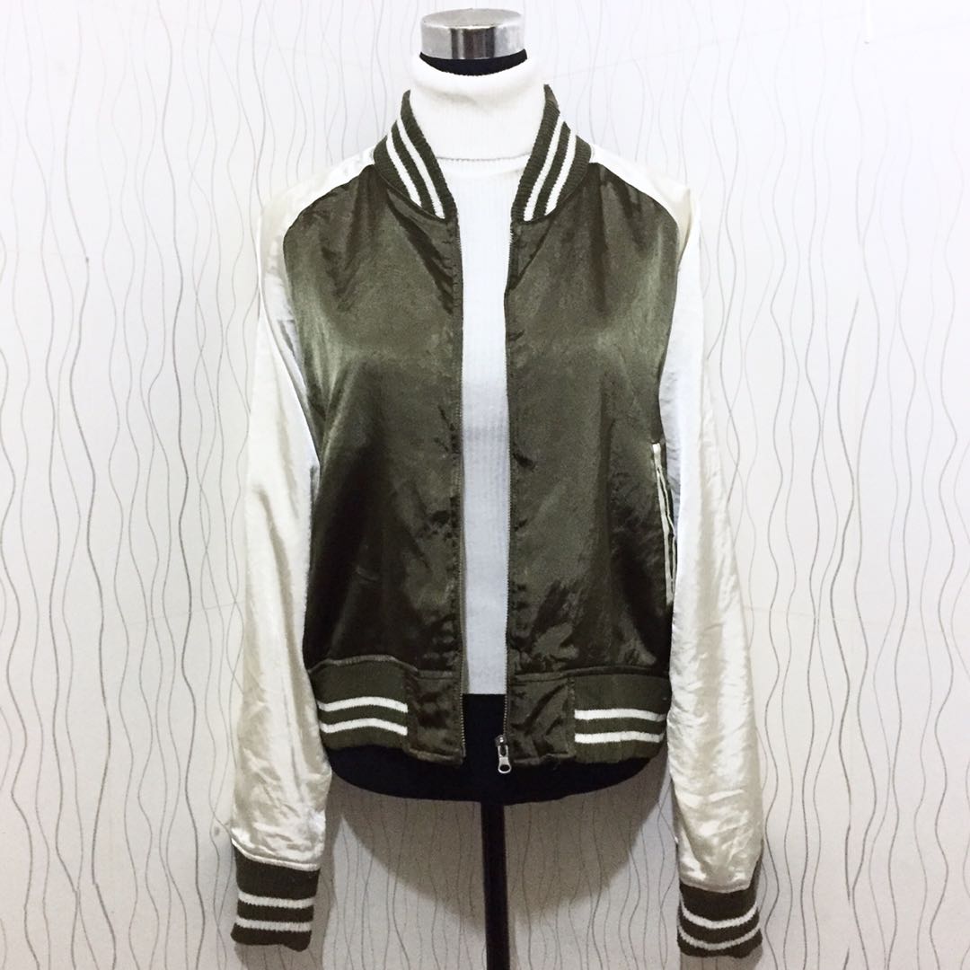Olive Green Varsity Jacket, Women's Fashion, Coats, Jackets and Outerwear on Carousell
