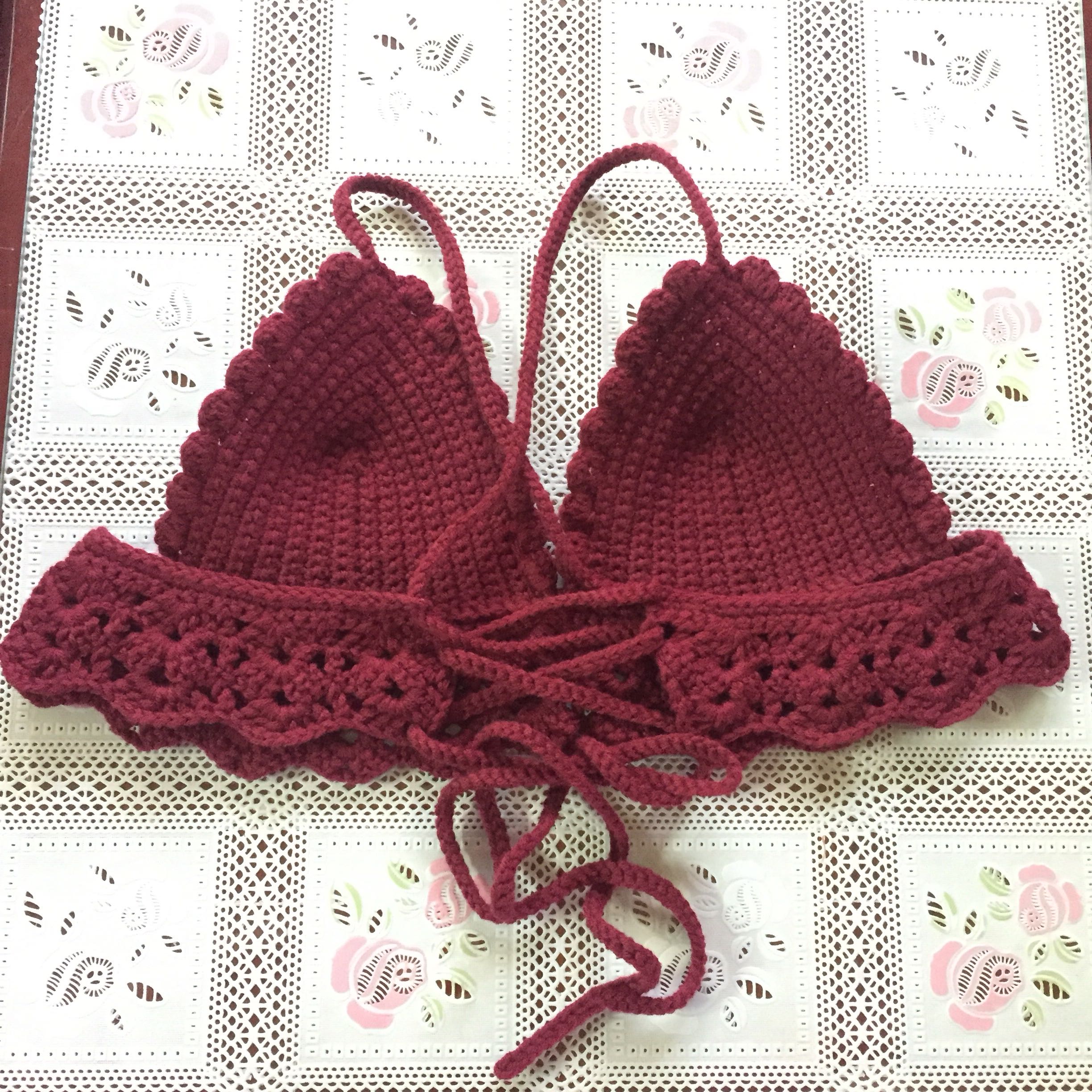 Maroon Crochet Bikini Top, Women's Fashion, Tops, Sleeveless on Carousell