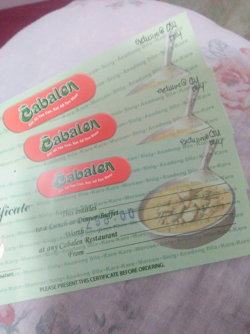CABALEN GIFT CERTIFICATES, Tickets & Vouchers, Store Credits on Carousell