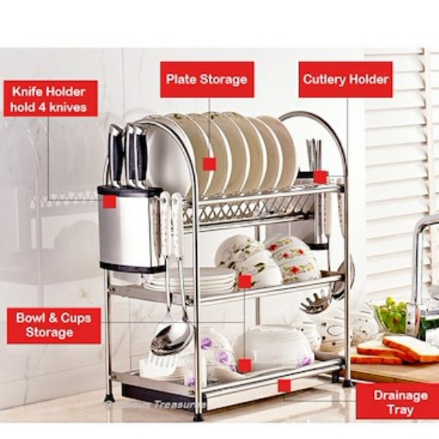 SUS304 Food Grade Stainless Steel Dish Rack 3 Tier 55cm Kitchen Drainer ...