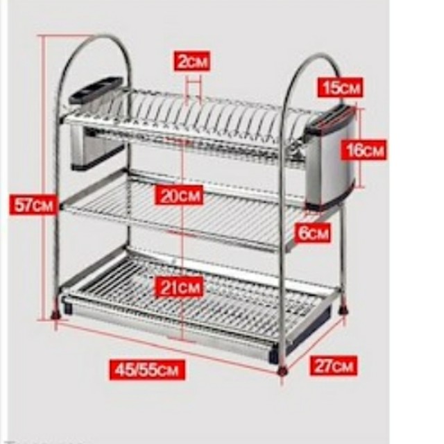 SUS304 Food Grade Stainless Steel Dish Rack 3 Tier 55cm Kitchen Drainer ...