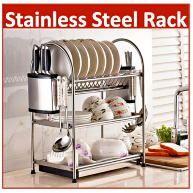 SUS304 Food Grade Stainless Steel Dish Rack 3 Tier 55cm Kitchen Drainer ...