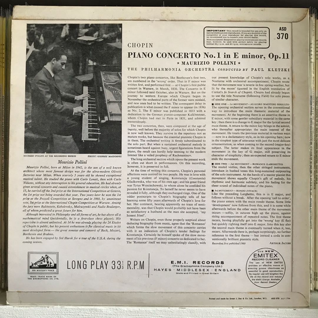 Chopin Piano Concerto 1 Pollini & Kletzki EMI ASD 370, Hobbies & Toys ...