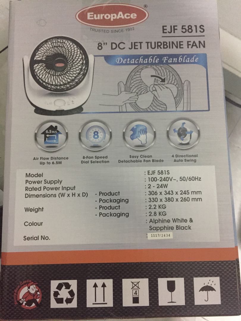 Europace 8" DC JET TURBINE FAN, TV & Home Appliances, Air Conditioners ...