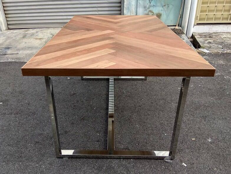 Herringbone pattern dining table with stainless steel legs, Furniture ...