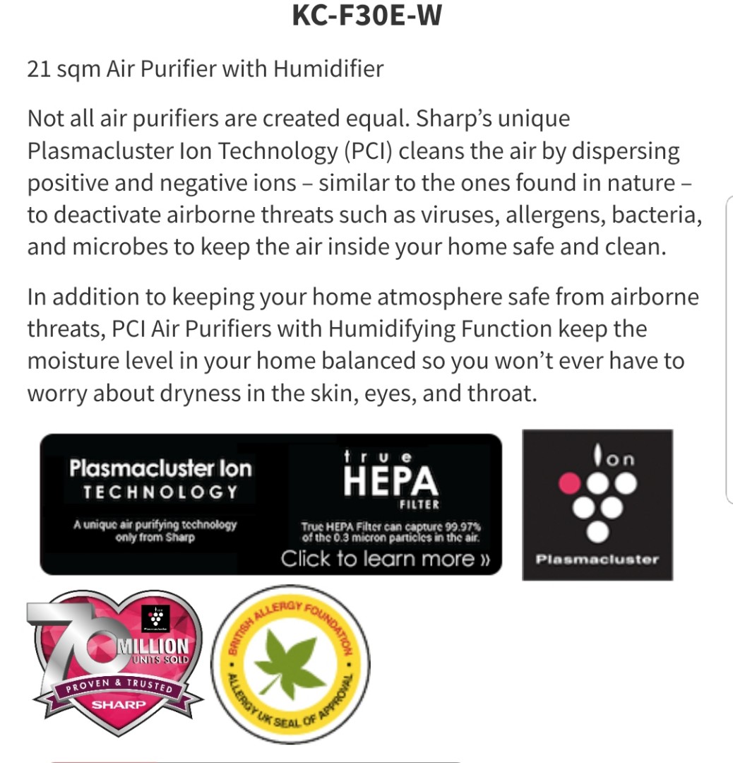 SHARP KC-F30E-W Air Purifier/Humidifier (BNIB), TV & Home Appliances ...