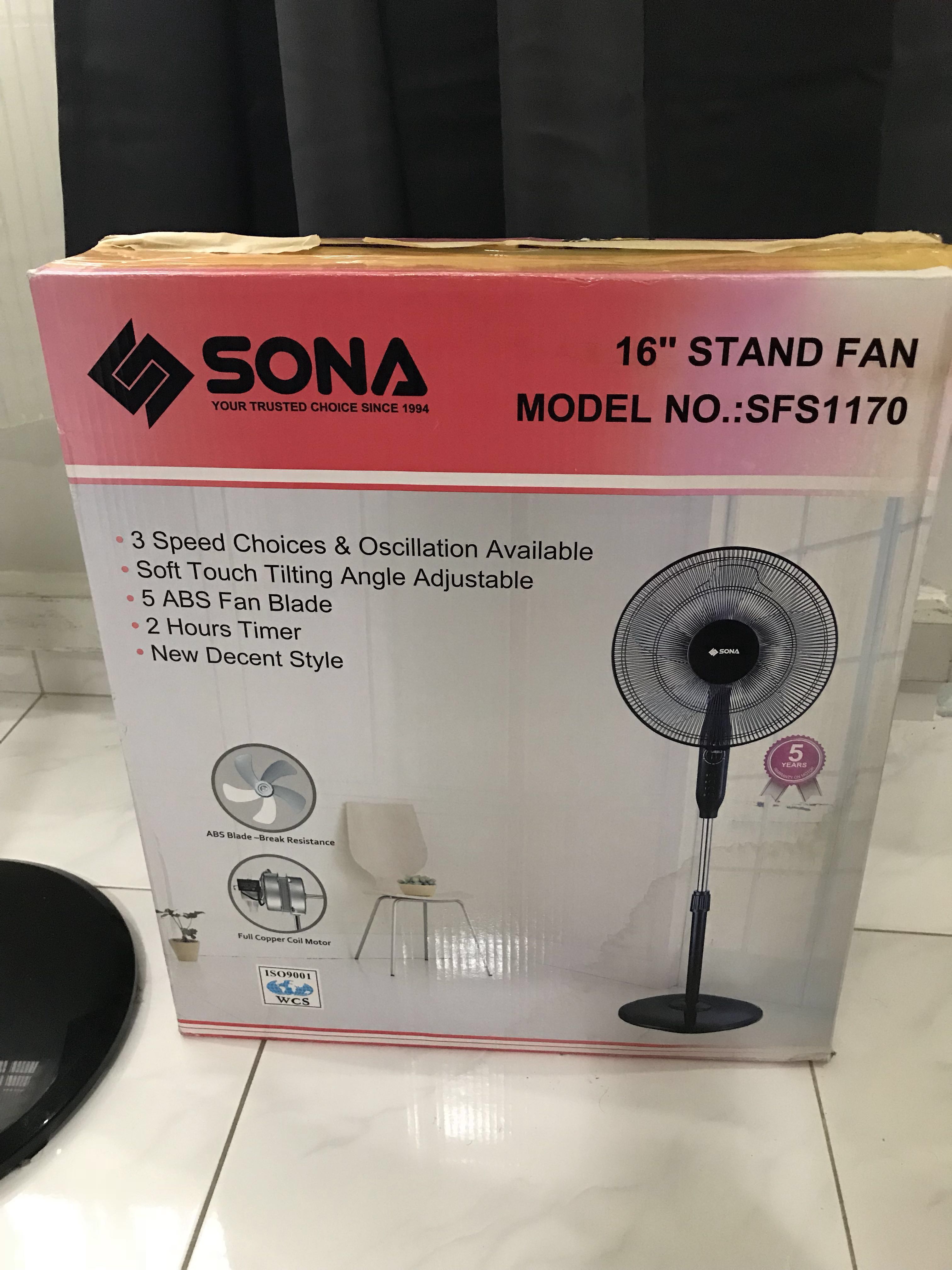 Sona 16” 5-Blade Stand Fan - Model SFS1170, Furniture & Home Living ...
