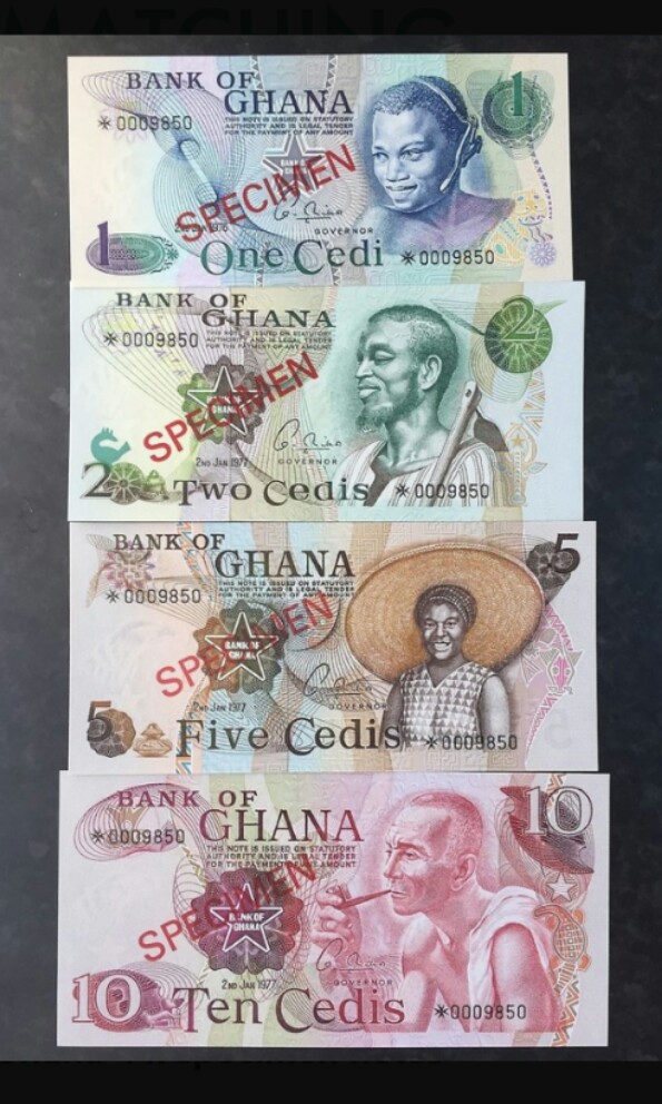 GHANA 1 2 5 & 10 CEDIS SET 4 X SPECIMEN NOTES MATCHING NUMBERS UNC ...