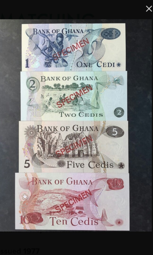 GHANA 1 2 5 & 10 CEDIS SET 4 X SPECIMEN NOTES MATCHING NUMBERS UNC ...