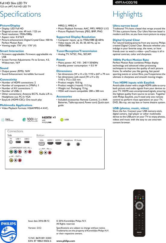 Philips 49PFA4300 49" LED TV. FULL HD 1920 x 1080. PSB Safety Mark ...