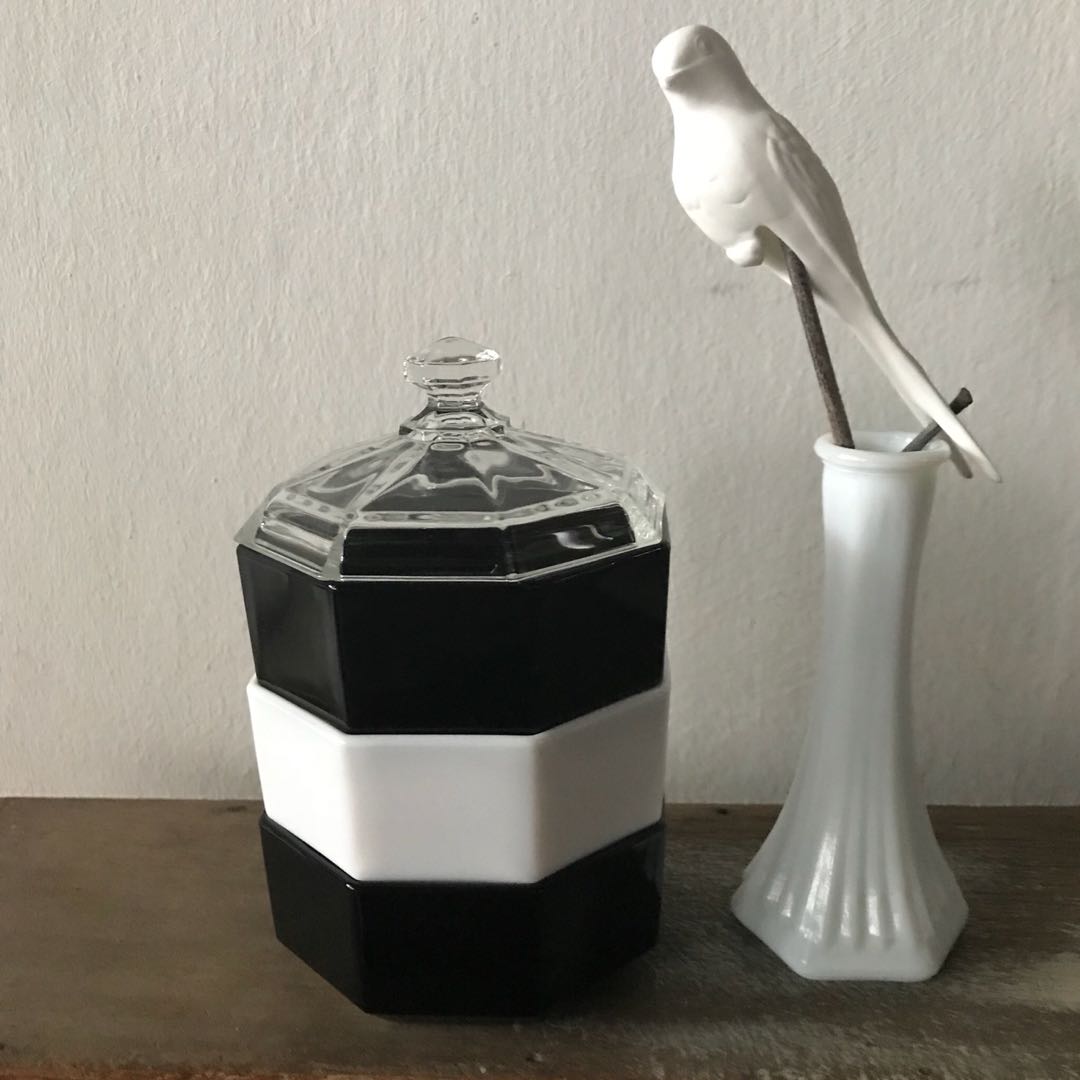 1 vintage arcopal octime milk glass container with lid, Furniture ...