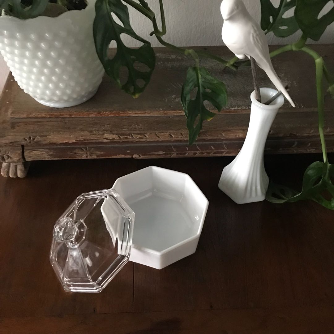 1 vintage arcopal octime milk glass container with lid, Furniture ...