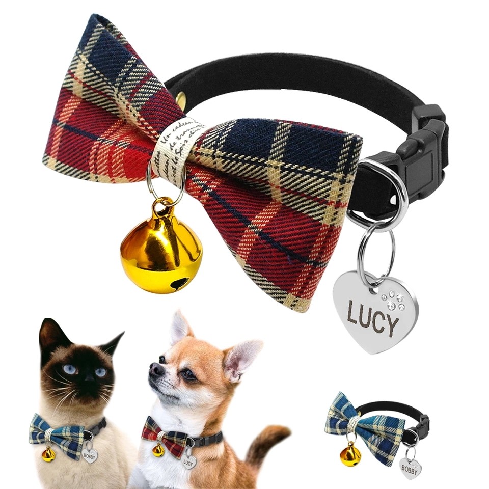 Personalized Puppy Kitten Plaid Bell Bowtie Collar With Custom Engraved ...