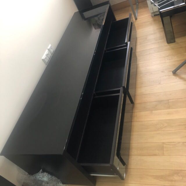 TV Console, 2 meter, black glass, 3 drawers, Furniture & Home Living ...