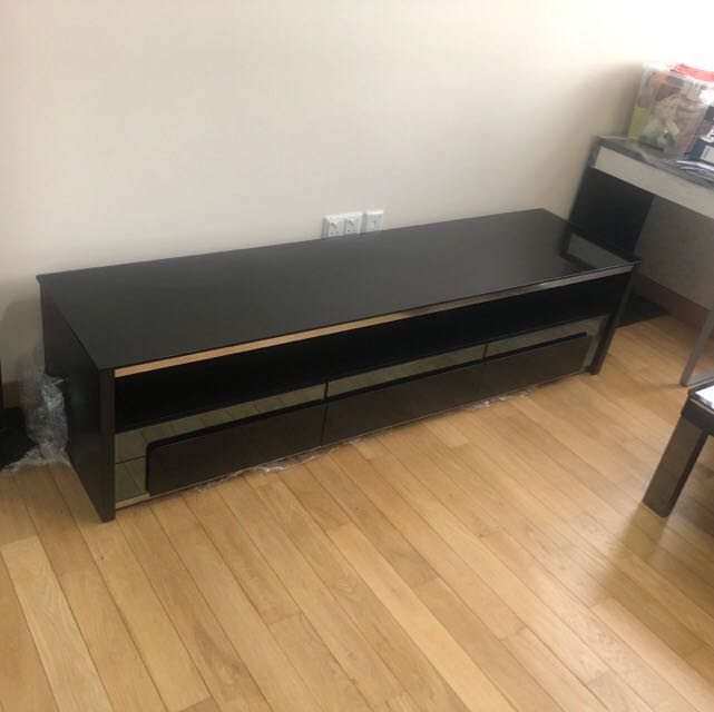 TV Console, 2 meter, black glass, 3 drawers, Furniture & Home Living ...