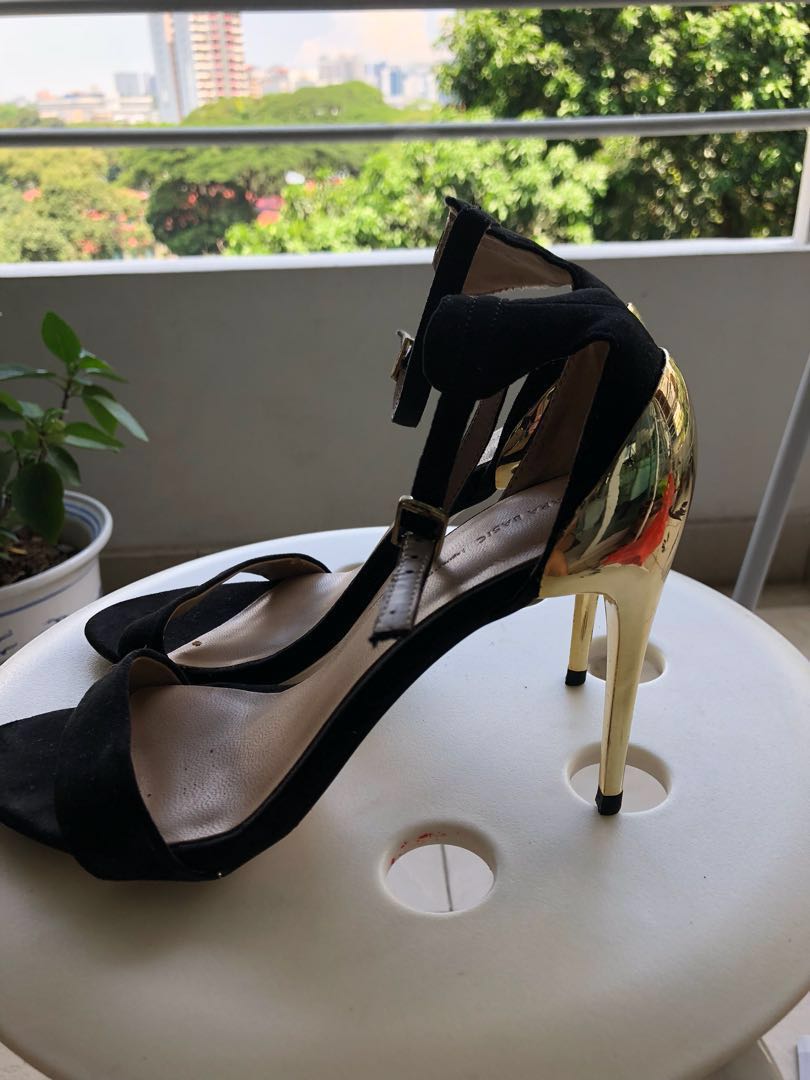 Zara black and gold heel 4 inch sandals, Women's Fashion, Footwear ...