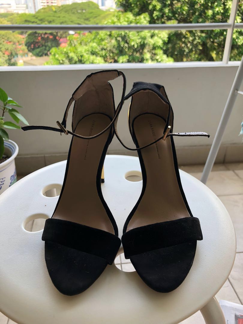 Zara black and gold heel 4 inch sandals, Women's Fashion, Footwear ...
