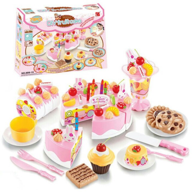 Mainan Kue Ulang Tahun DIY Fruit Cake Pink Besar 75 Pcs No. 889-19 ...