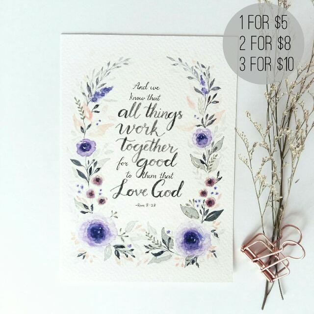 Watercolour Purple / lavender Floral Border Bible Verse Card (Rom 8:28 ...
