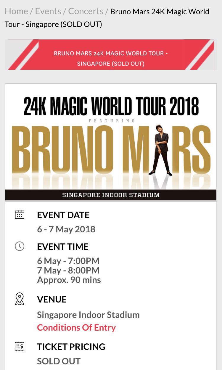 BRUNO MARS 6 MAY STANDING, Hobbies & Toys, Memorabilia & Collectibles ...