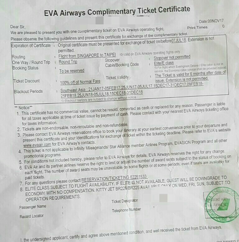 Eva Air Premium Economy Singapore to Taipei, Taiwan for 1 Pax, Tickets ...