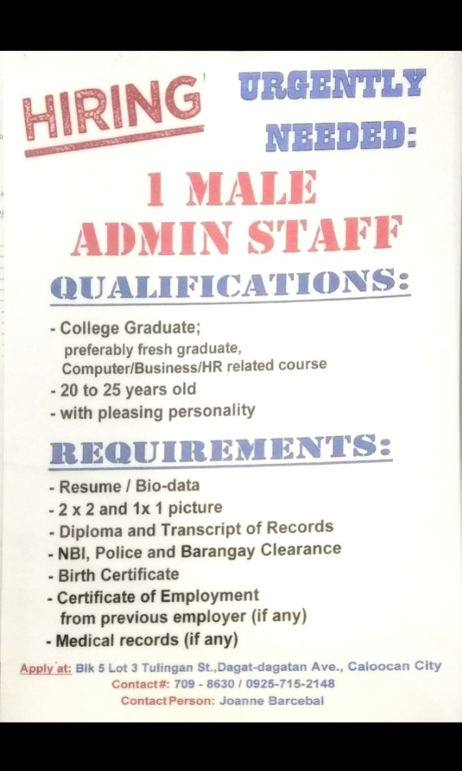 Hiring - Male Admin Staff, Jobs & Opportunities, Transport & Delivery ...