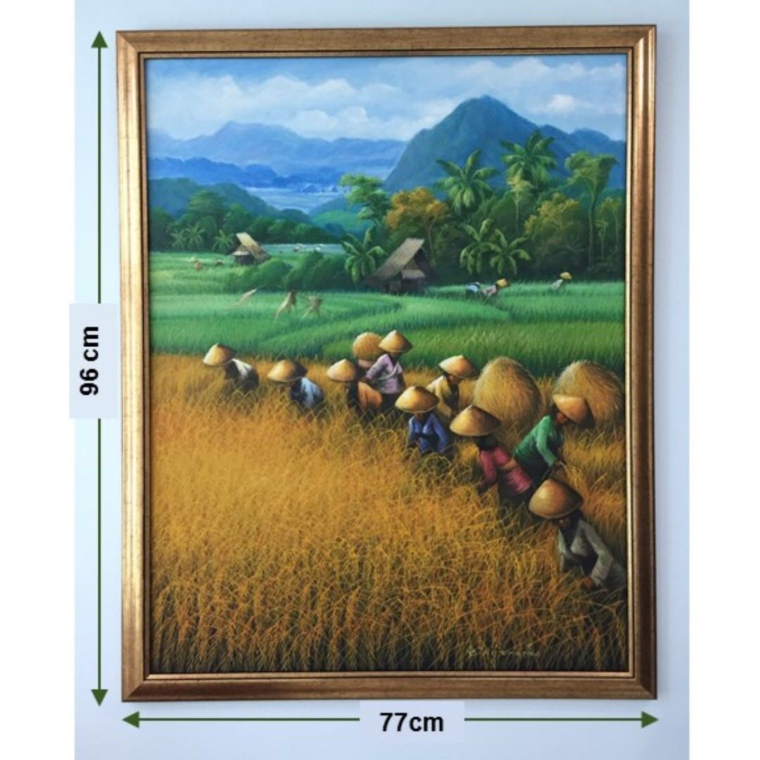 Exquisite Balinese Painting on Canvas - Rural Rice Fields, Furniture ...