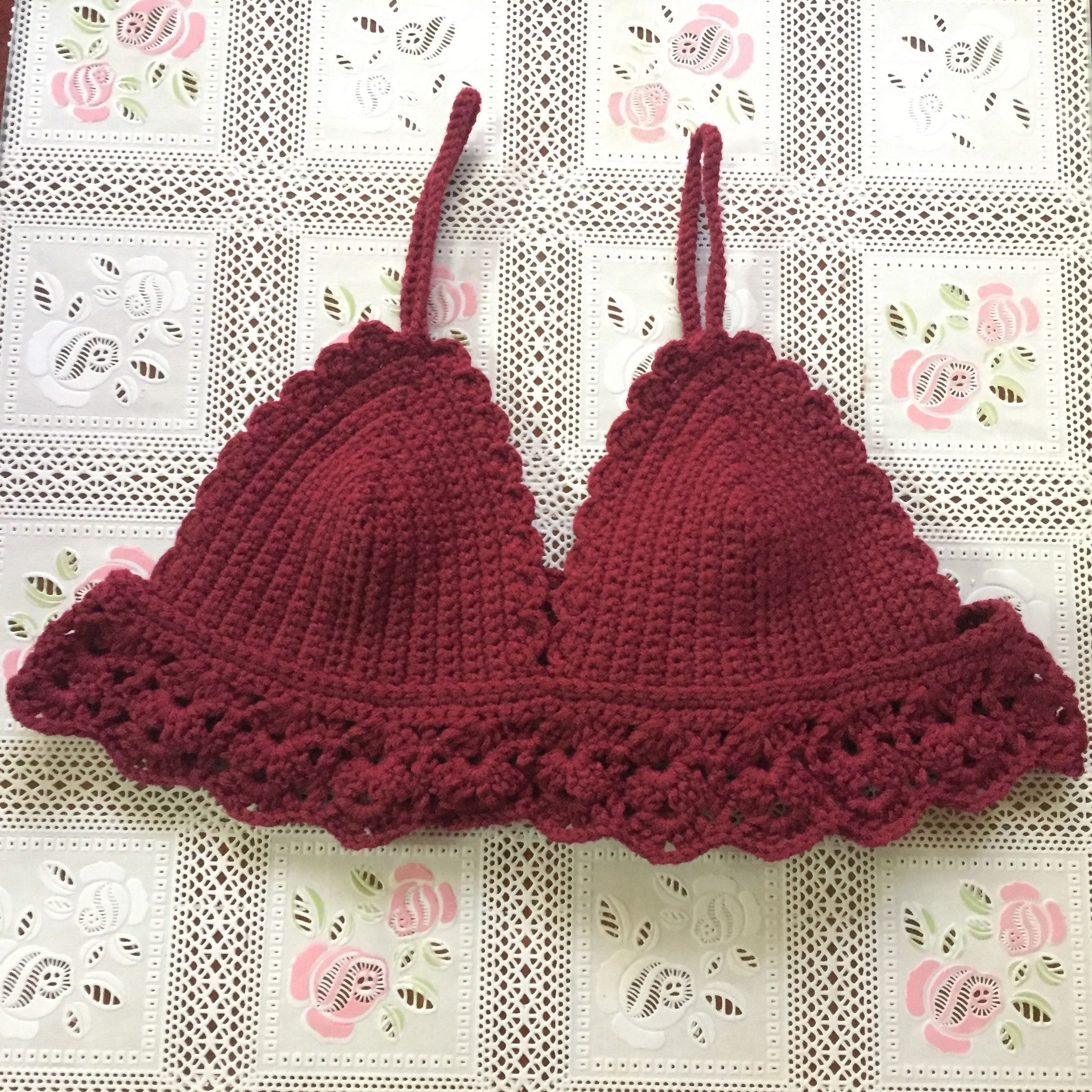Maroon Crochet Bikini Top, Women's Fashion, Tops, Sleeveless on Carousell