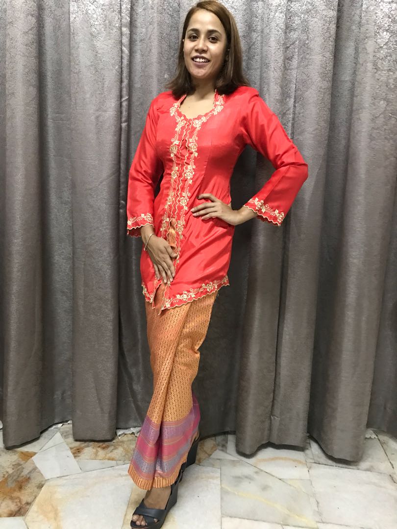 Red Merah Baju Kebaya Modern + Songket Bottom, Women's Fashion ...