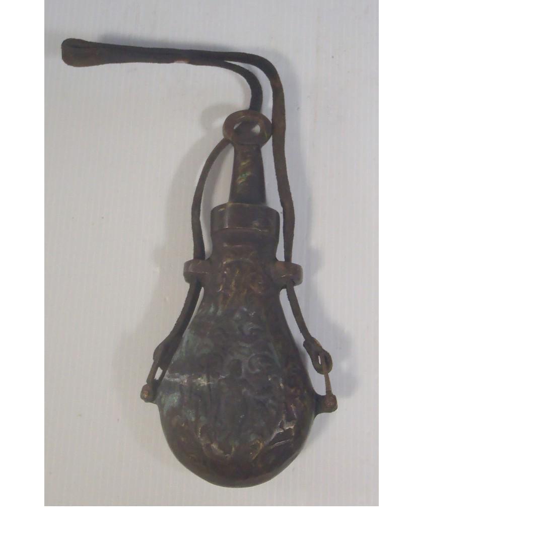 Antique brass cast gun powder flask leather strap Roman motif Militaria ...