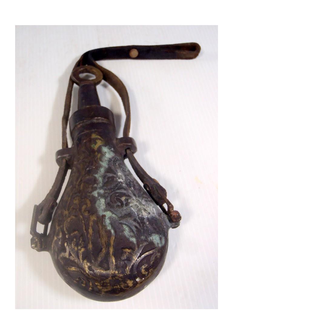 Antique brass cast gun powder flask leather strap Roman motif Militaria ...