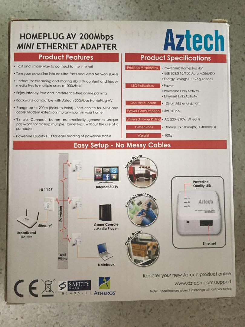 2x Aztech homeplug AV 200Mbps Mini Ethernet Adapter, Computers & Tech ...