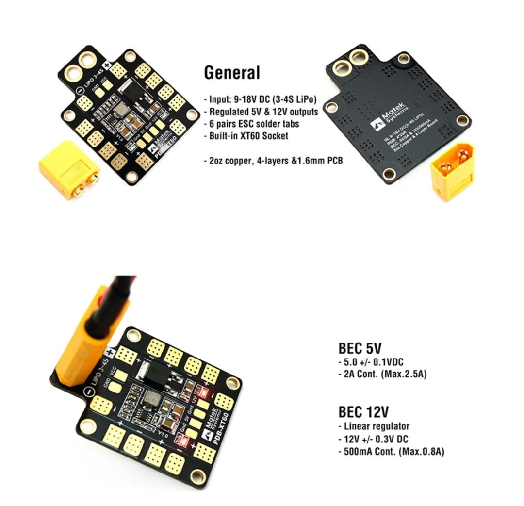 Matek Systems PDB-XT60 W/ BEC 5V & 12V 2oz Copper For RC Multirotors, Photography, Drones on ...