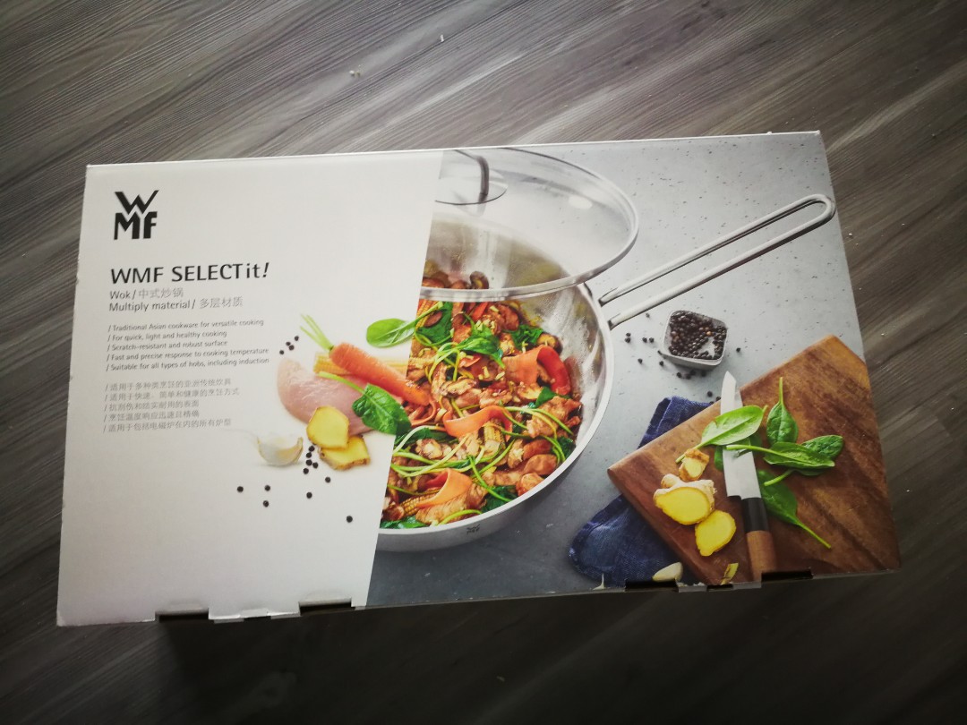 WMF 30cm stainless steel wok w lid & handle, Furniture & Home Living ...