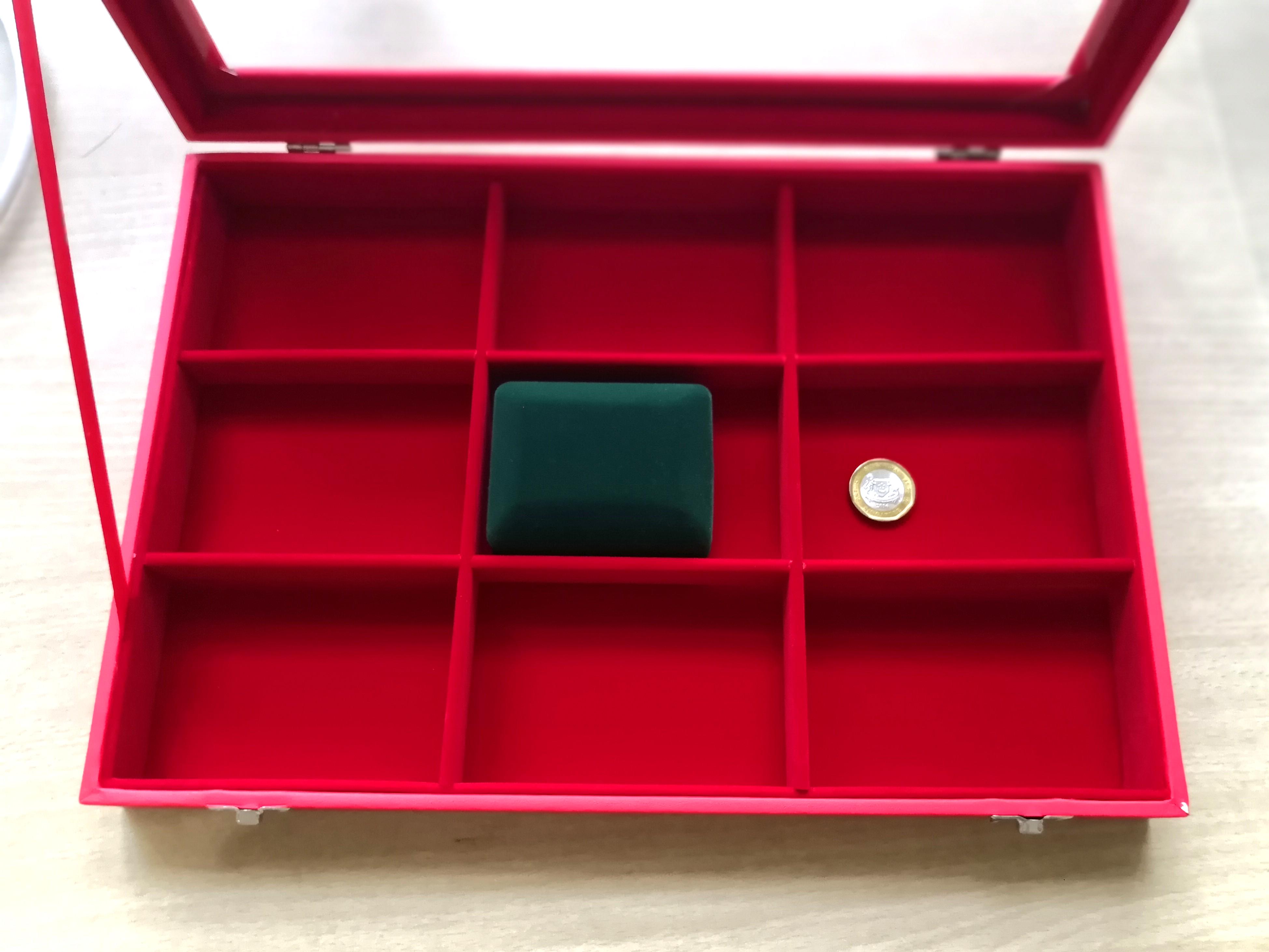 Thai amulets box 9 slot with front glass panel internal Red velvet ...