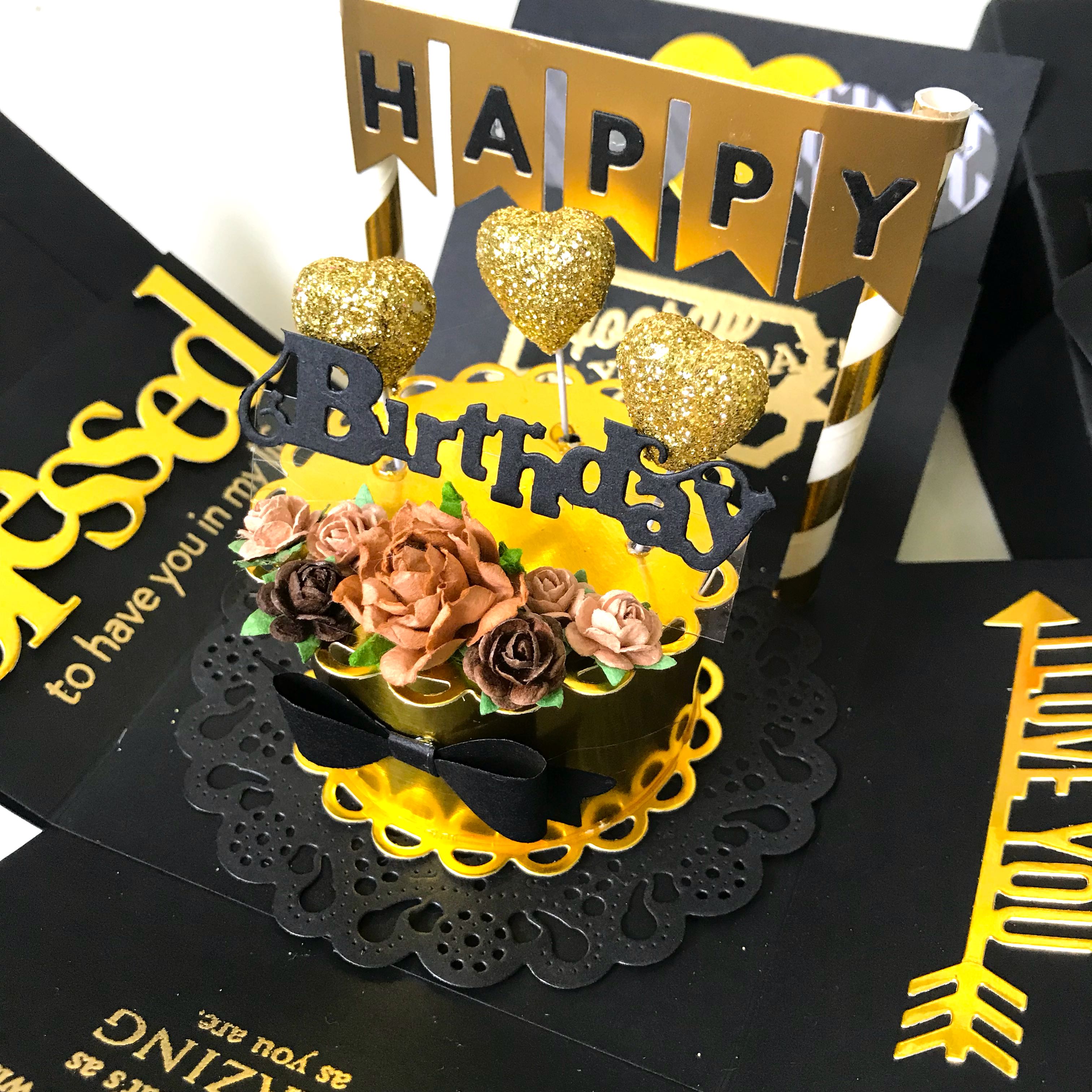 Happy birthday Explosion Box card in gold and black theme, Design & Craft, Handmade Craft on ...