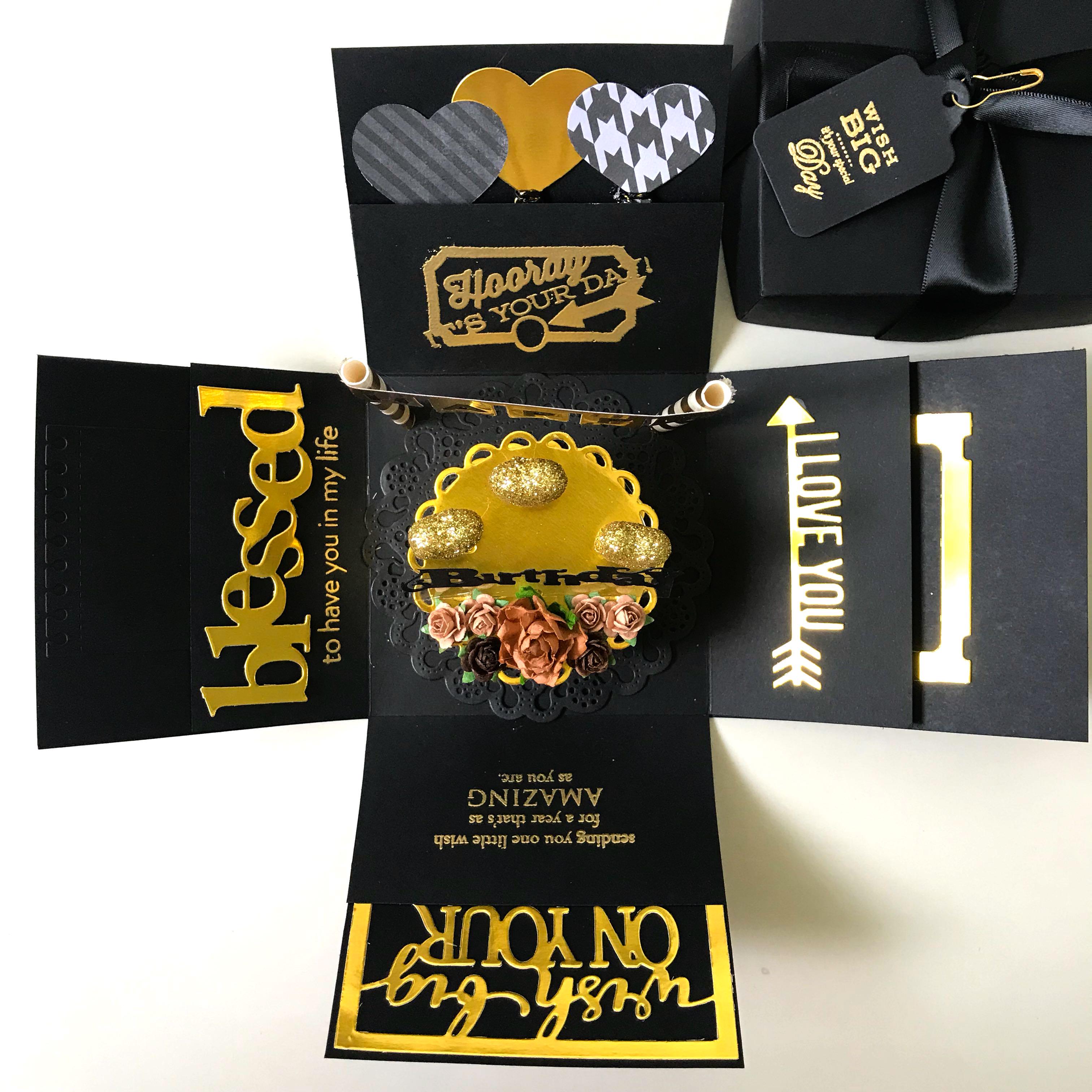 Happy birthday Explosion Box card in gold and black theme, Design ...
