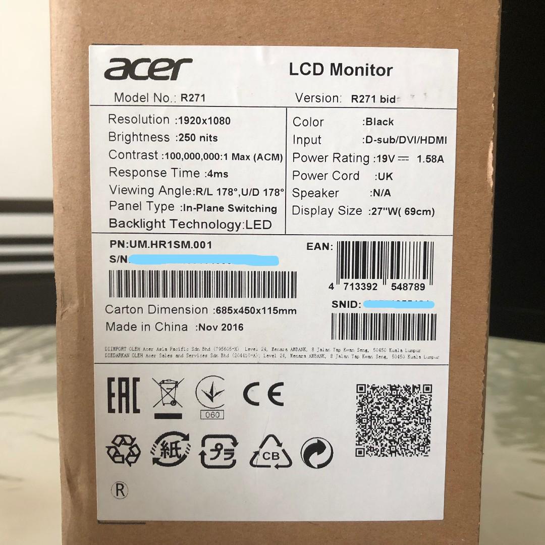 ACER R271 Monitor 27' inch Full HD IPS (1920 x 1080), Computers & Tech ...