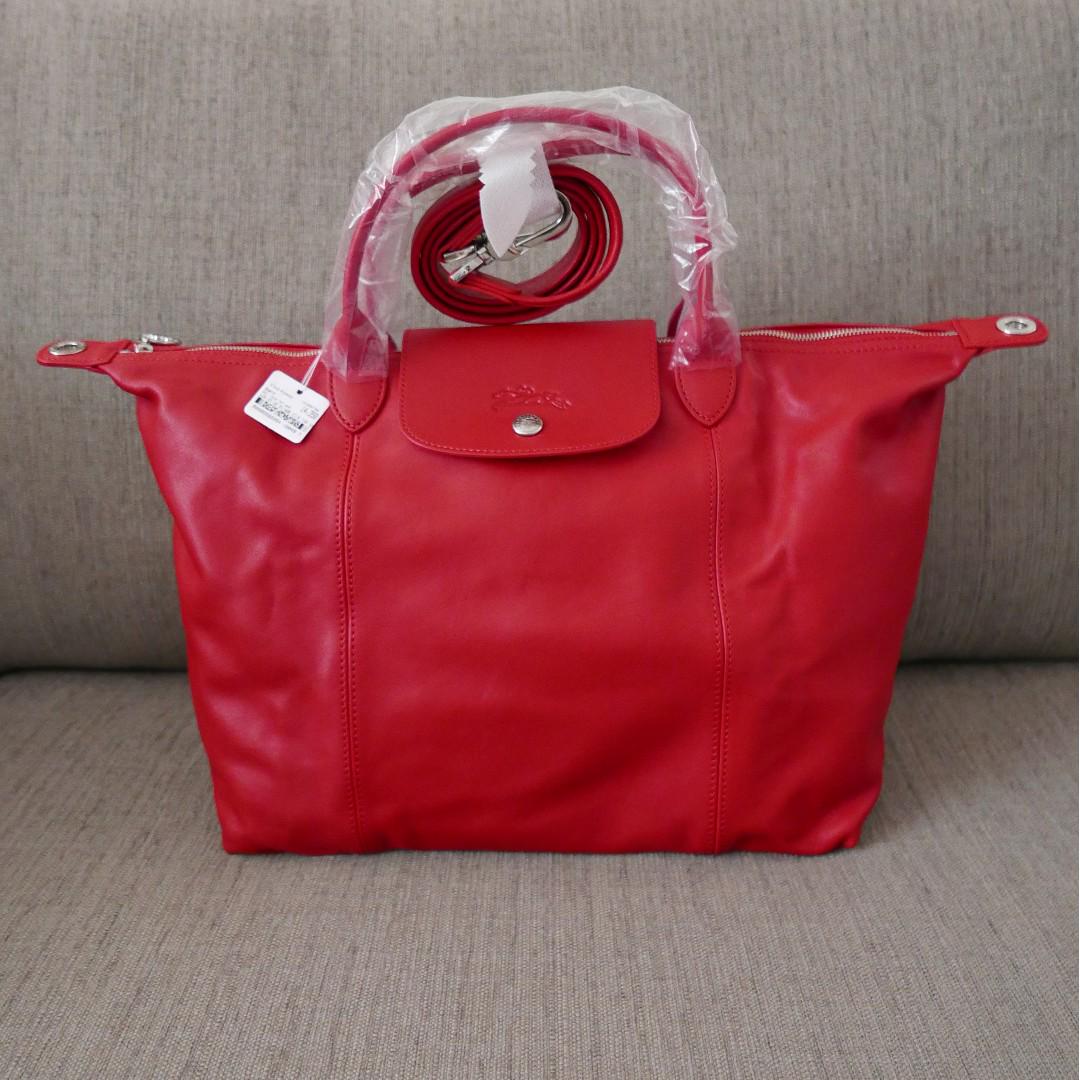 Authentic Longchamp Le Cuir Medium SH Bag Red with Tag and Receipt ...