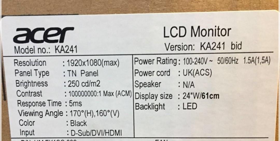 Acer KA1 Series - KA241, Computers & Tech, Parts & Accessories, Computer Parts on Carousell