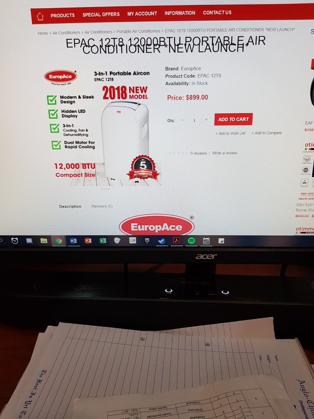 Europace 2018 EPAC 12T8 Portable Aircon, TV & Home Appliances, Air ...