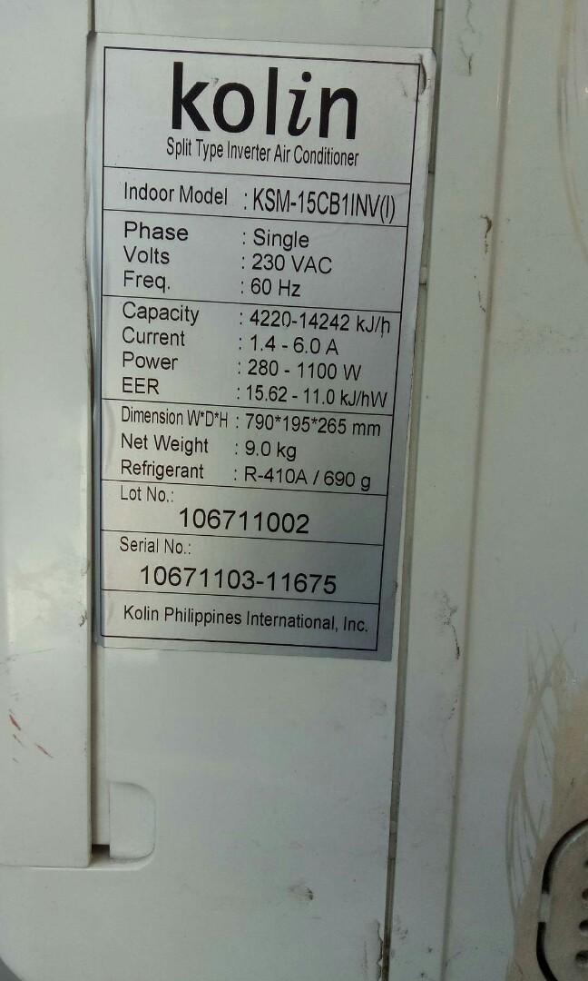 Kolin split type inverter 1.5hp, TV & Home Appliances, Kitchen ...