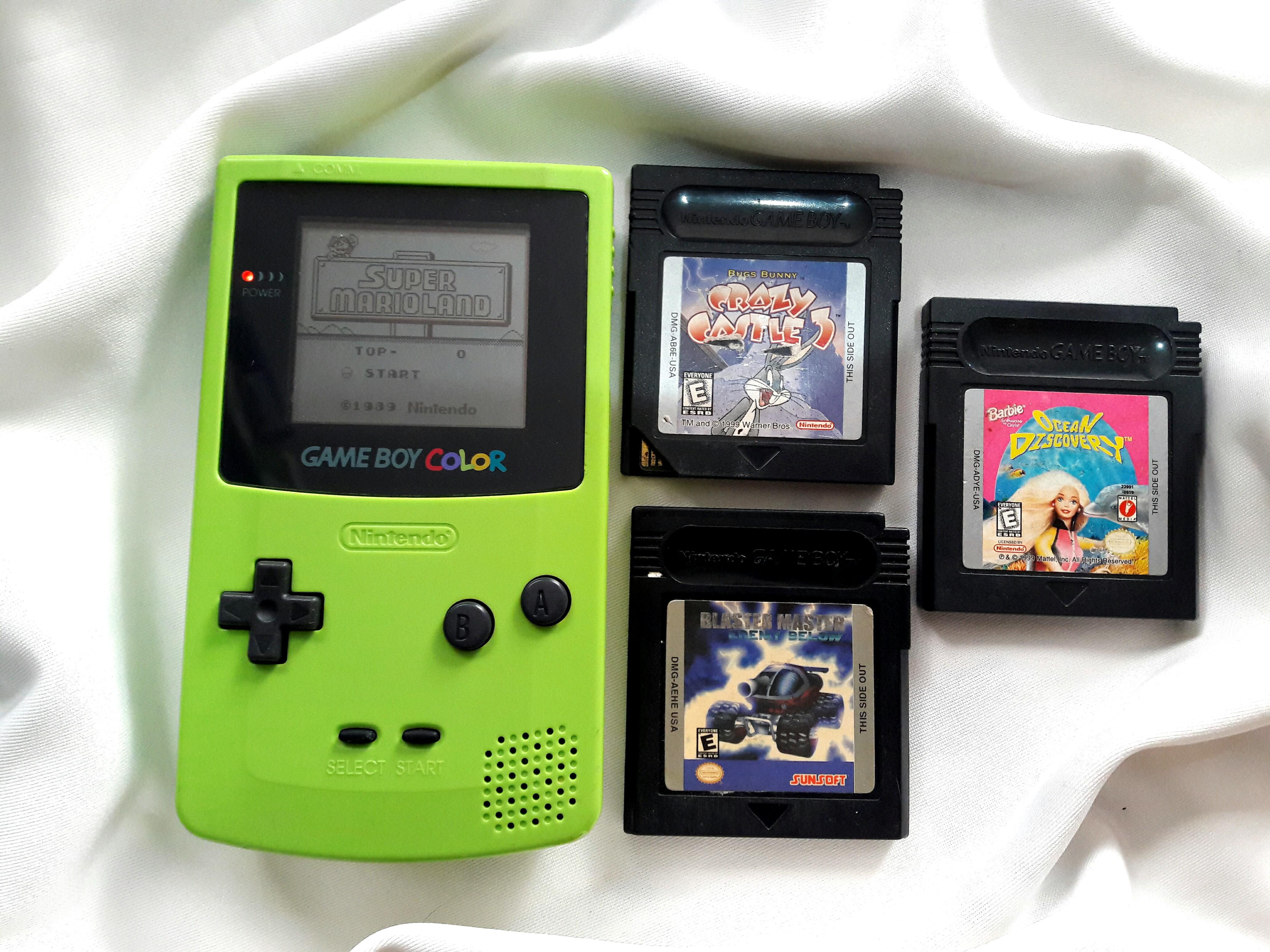 Neon Green Nintendo Gameboy Color GBC with Battery Cover 4 Game Carts ...