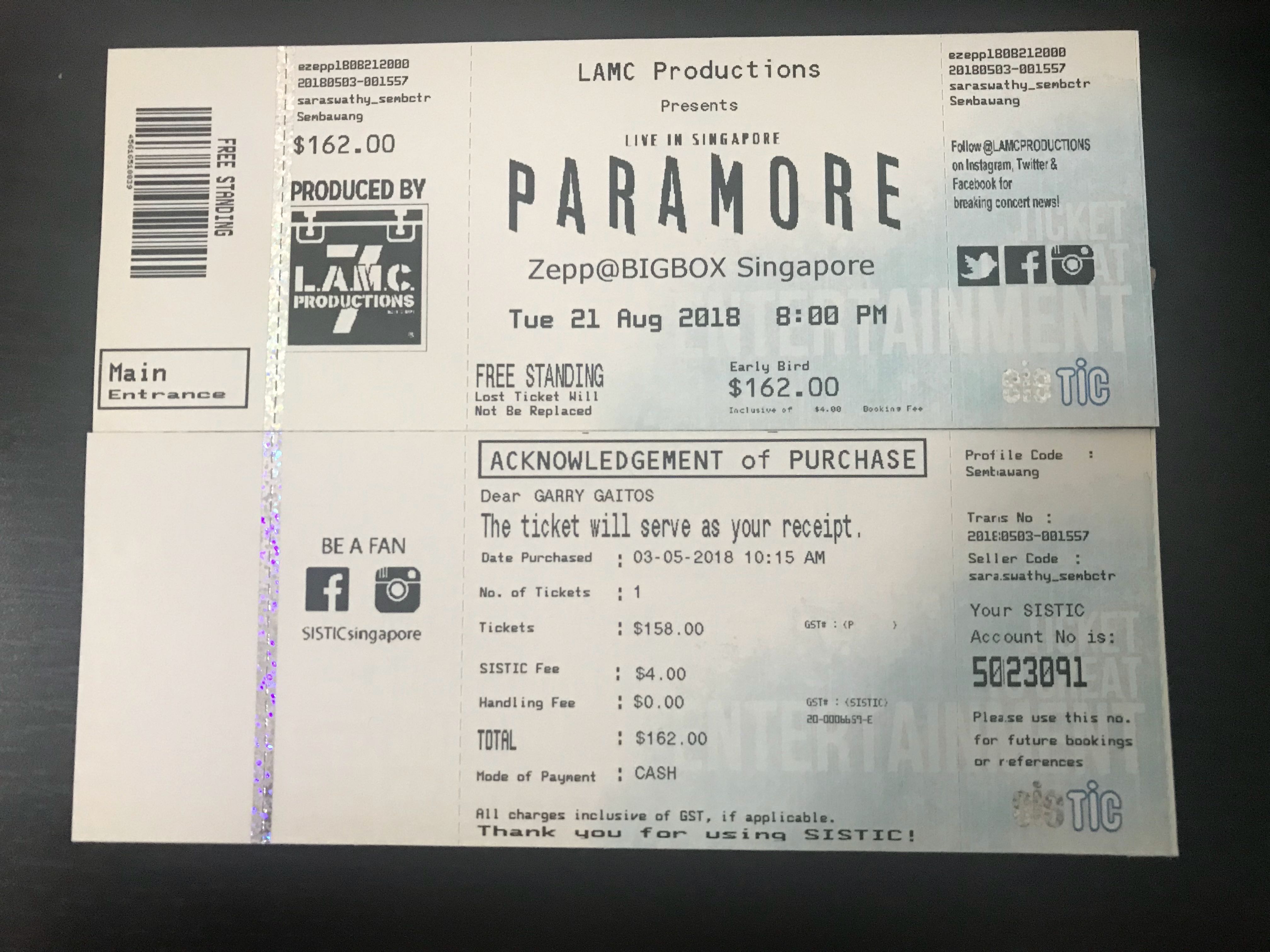 Paramore Concert Ticket, Tickets & Vouchers, Event Tickets on Carousell