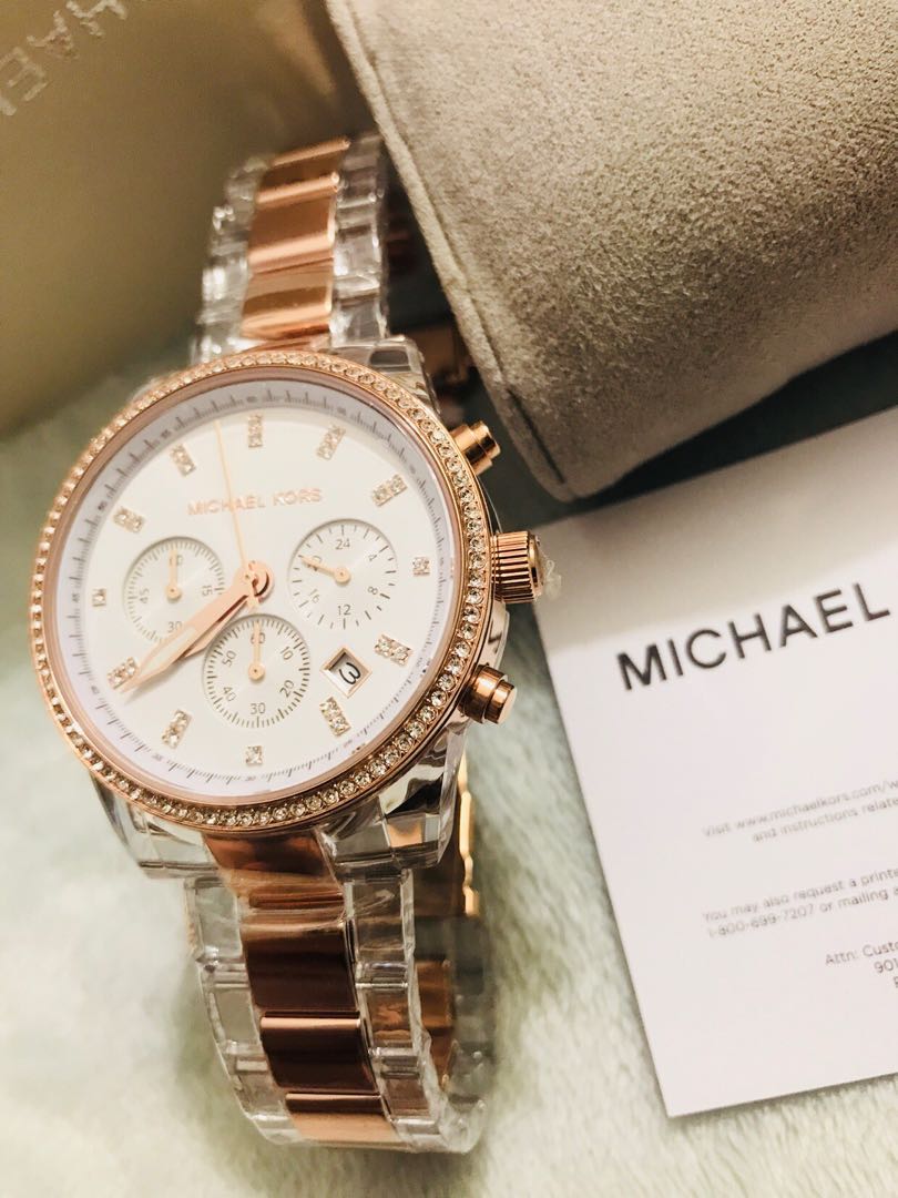 Michael Kors Mk6347 Ritz Rose Gold Dial Clear Acetate Chronograph 44mm ...