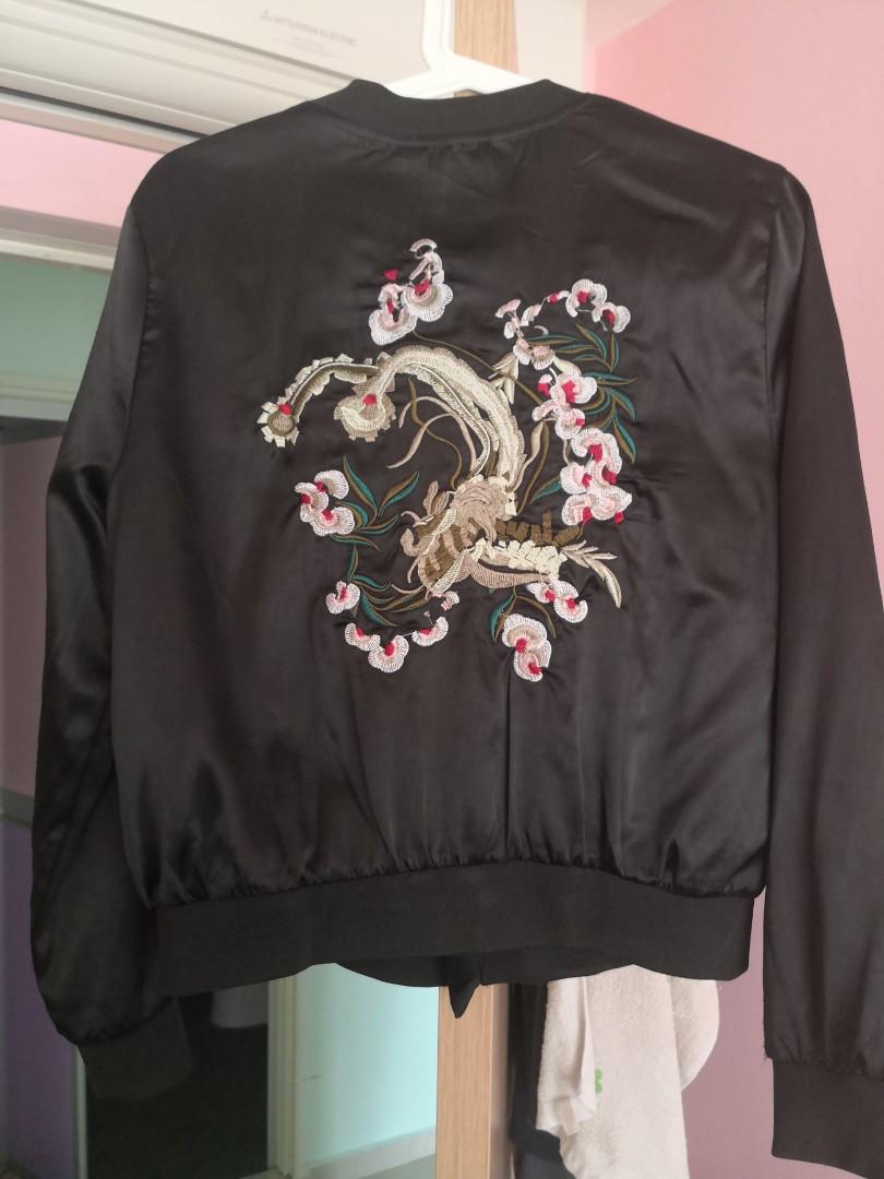Satin Embroidered Bomber Jacket, Women's Fashion, Coats, Jackets and ...