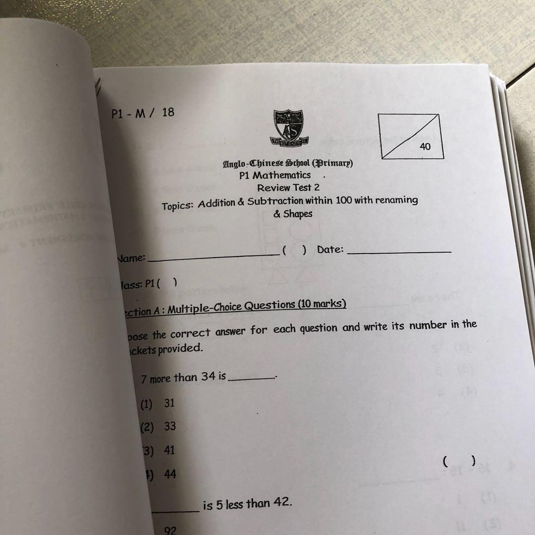 Primary 1 Math Test Papers - top 20 schools, Hobbies & Toys, Books ...